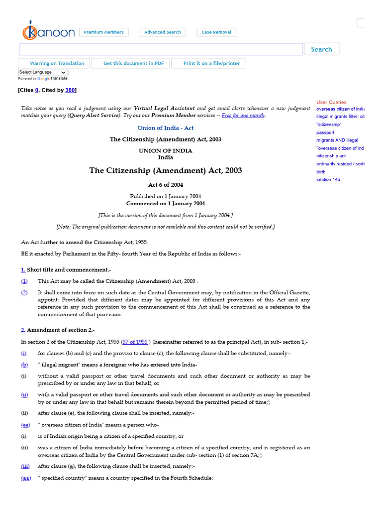 The Citizenship (Amendment) Act, 2003 | PDF | Oath Of Office | Citizenship