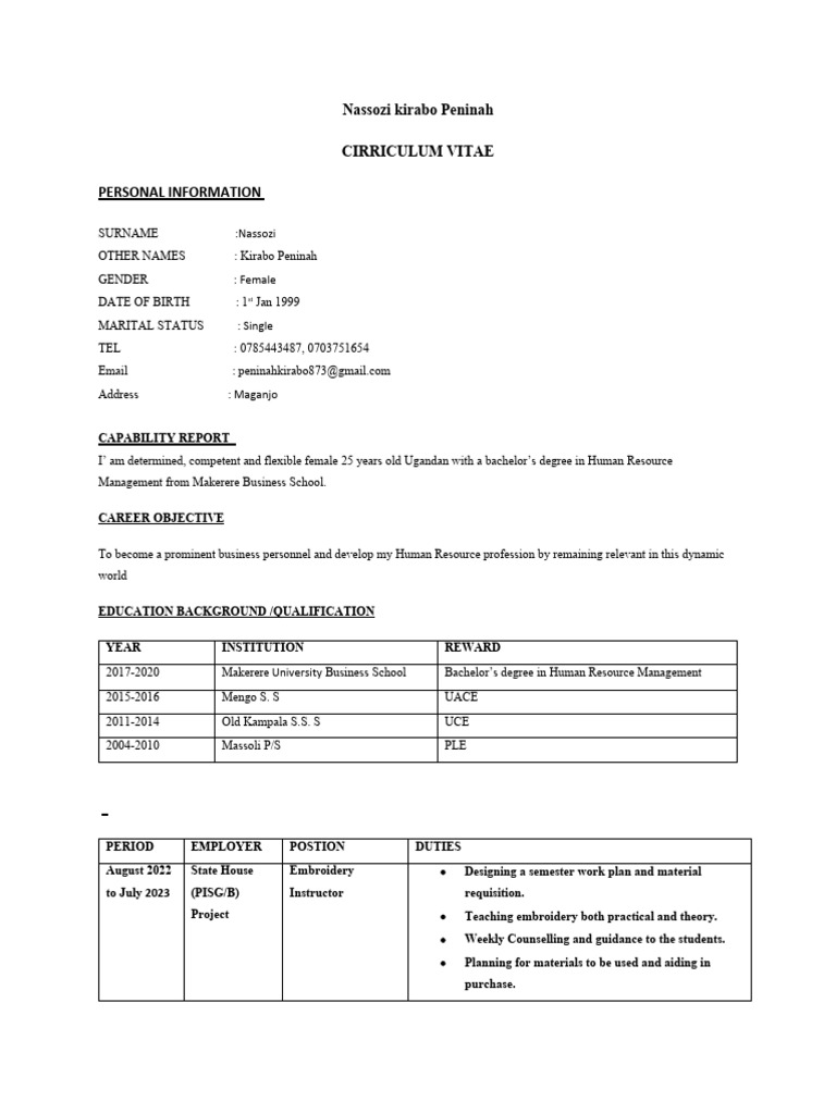 Human Resource Management CV of Peninah Nassozi | PDF | Human Resources ...