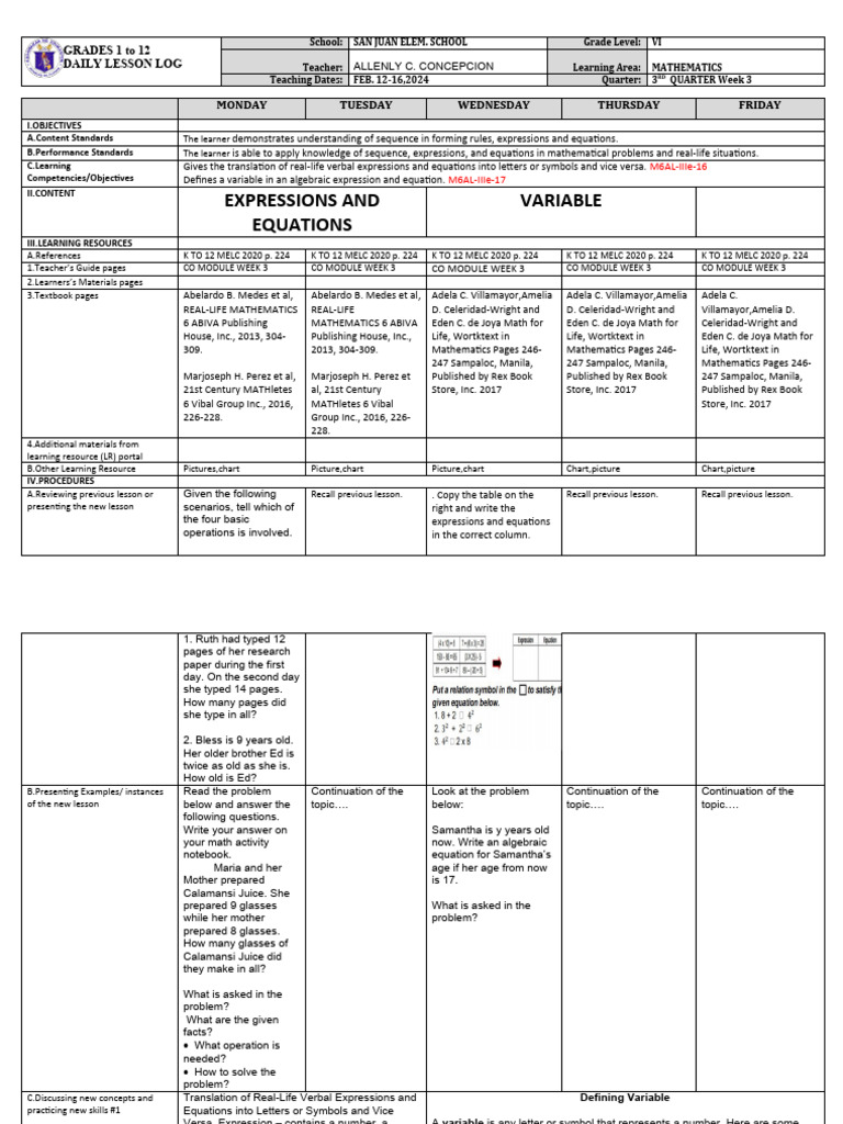 DLL - Mathematics 6 - Q3 - W3 | PDF | Variable (Mathematics) | Equations