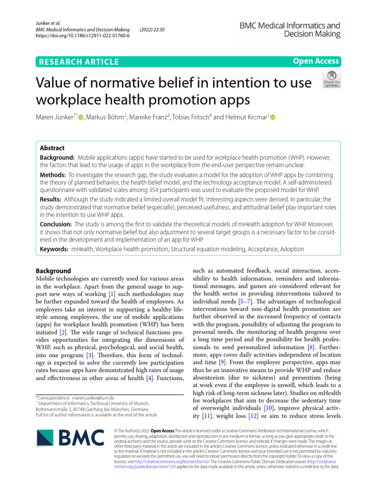 Value of Normative Belief in Intention To Use Workplace Health ...