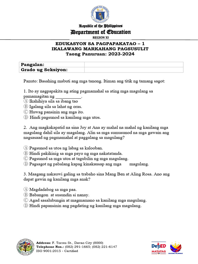 EsP TQ-Q2 For Grade1 | PDF