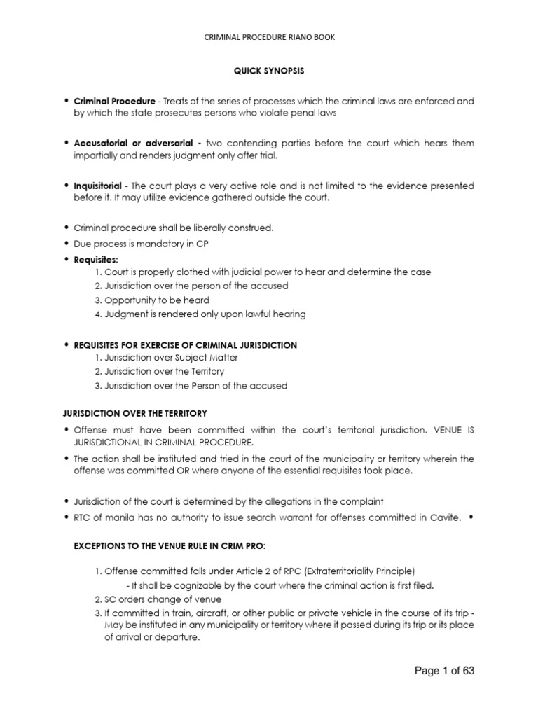Criminal Procedure (Riano Reviewer Summary) | PDF | Prosecutor | Arrest