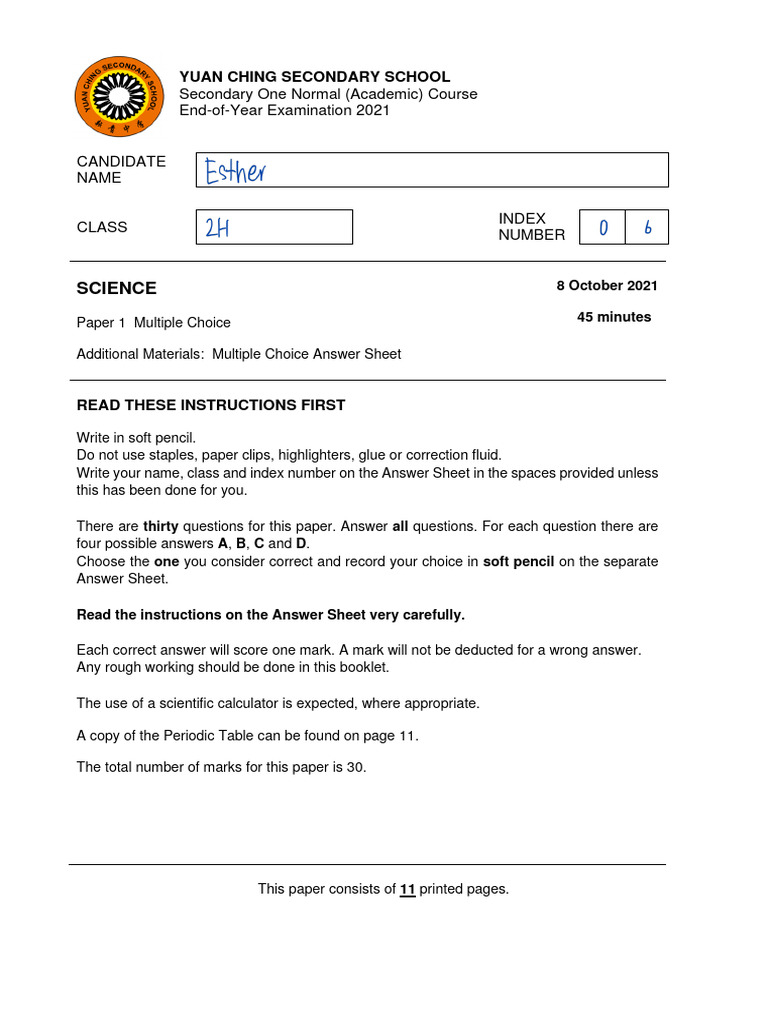 2021 EOY Science 1N P1 | PDF | Atoms | Neutron