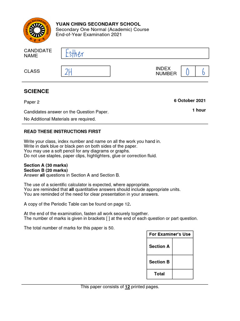 2021 EOY Science 1N P2 | PDF | Atoms | Isotope