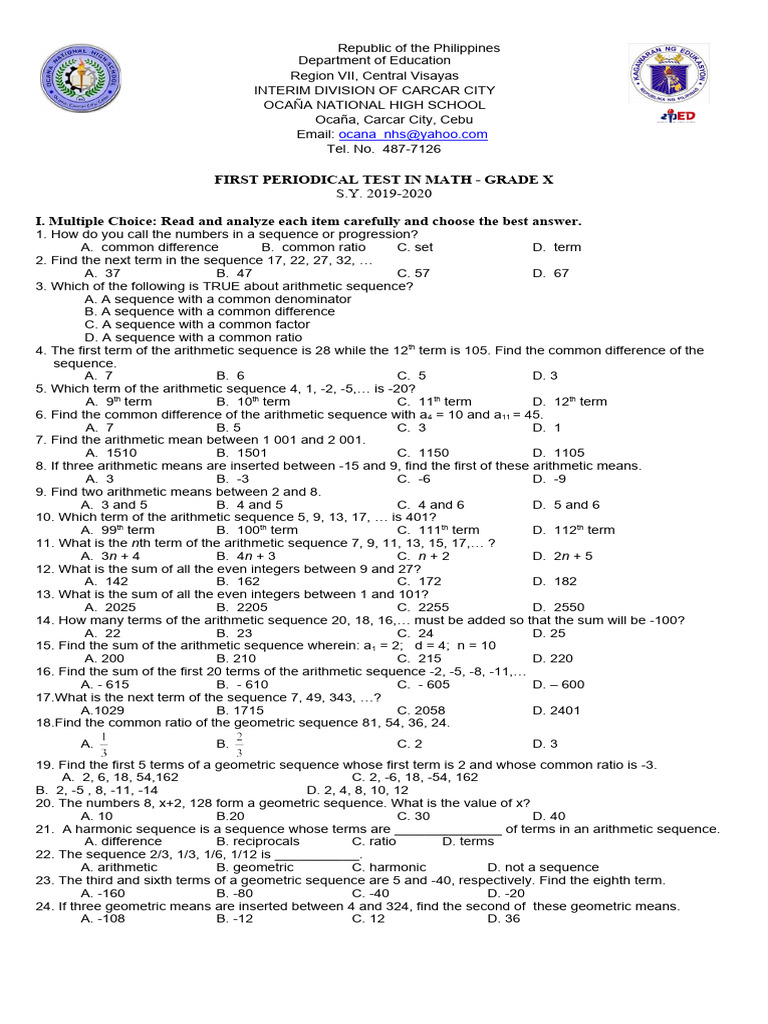 Grade 10 Math Periodical Test 2019-2020 | PDF | Mean | Polynomial