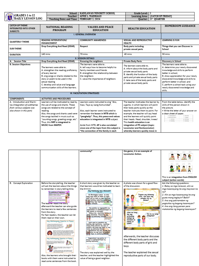 Grade 1 Daily Lesson Log: Catch-Up Activities | PDF | Learning | Teachers