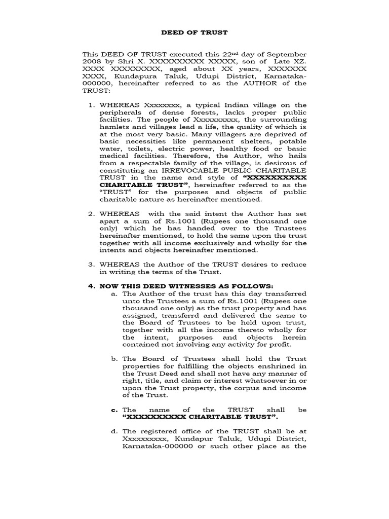 Charitable Trust Deed for Village | PDF | Board Of Directors | Trustee