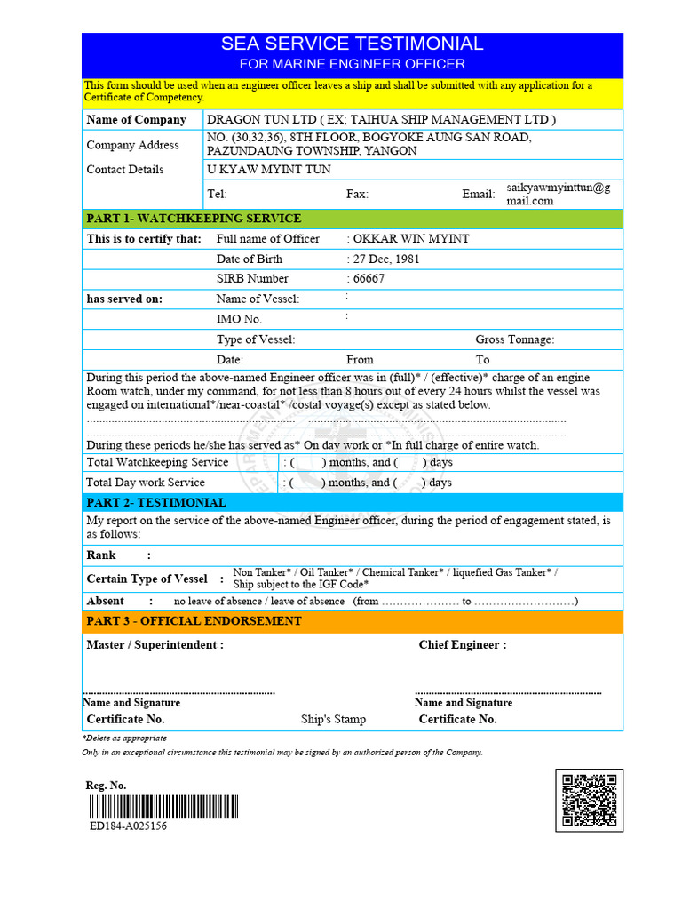 Marine Engineer Officer Sea Service Testimonial | PDF | Tonnage | Ships