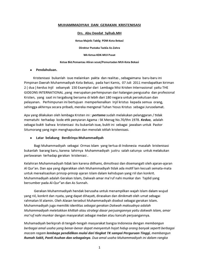 Muhammadiyah Dan Gerakan Kristenisasi - Si | PDF