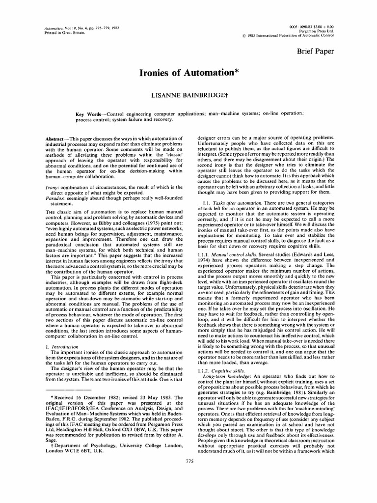 Ironies of Automation | PDF | Automation | Simulation