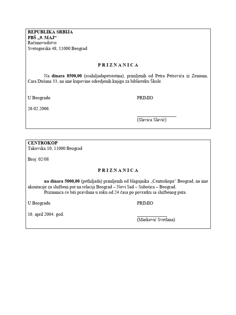 Priznanica Primeri | PDF