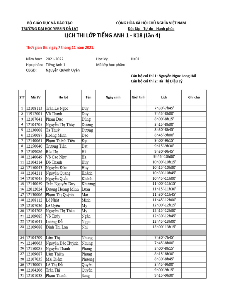 DS Thi TA1-K18 (Lần 4) Nov 7 | PDF