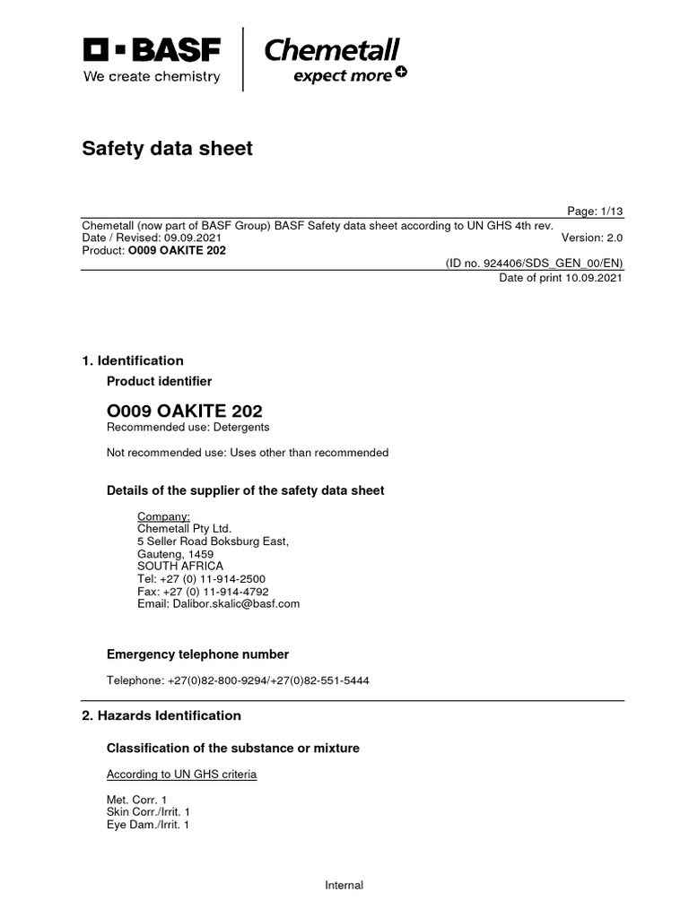 SDS Oakite 202 - 09.09.2021 | Download Free PDF | Dangerous Goods | Safety
