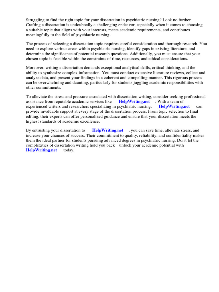 Dissertation Topics in Psychiatric Nursing | PDF | Nursing | Mental ...