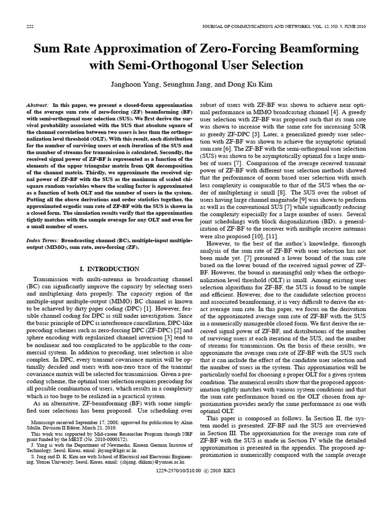 Sum Rate Approximation of Zero-Forcing Beamforming With Semi - Orthogonal User Selection | PDF ...