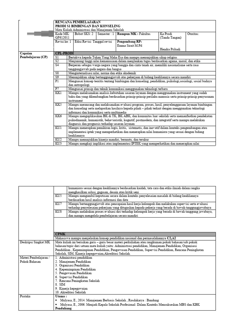 RPS Administrasi Dan Manajemen Sekolah | PDF | Karier & Perkembangan | Seni