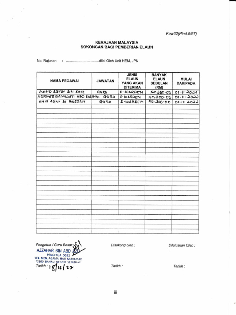 BORANG SOKONGAN PEMBERIAN ELAUN | PDF