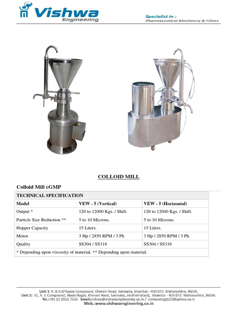 Colloid Mill Technical Specifications | PDF | Home & Garden