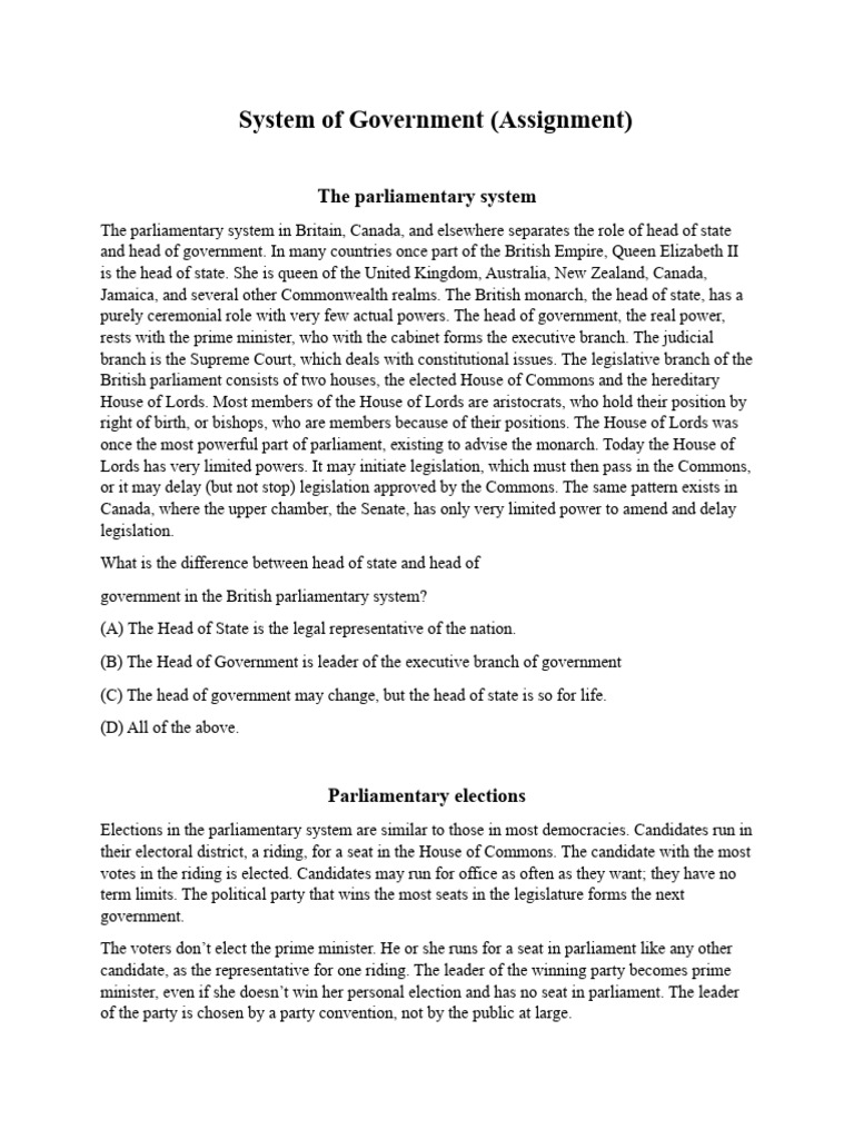 Assignment(Question System of Government ) | PDF | Separation Of Powers ...