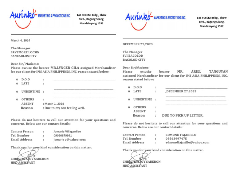 Absent Letter Savemore Locsin | PDF