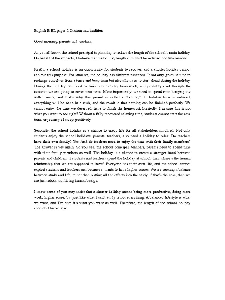 English B HL Paper 2 Custom and Tradition | PDF