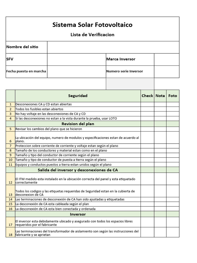 Checklist Fotovoltaica | PDF | Sistema fotovoltaico | Fotovoltaica