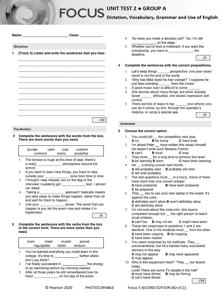 Focus 5 Unit 2 Test Overview | PDF | Homework