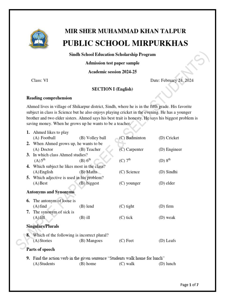 SEF Scholarship Exam Sample Paper 2024 | PDF