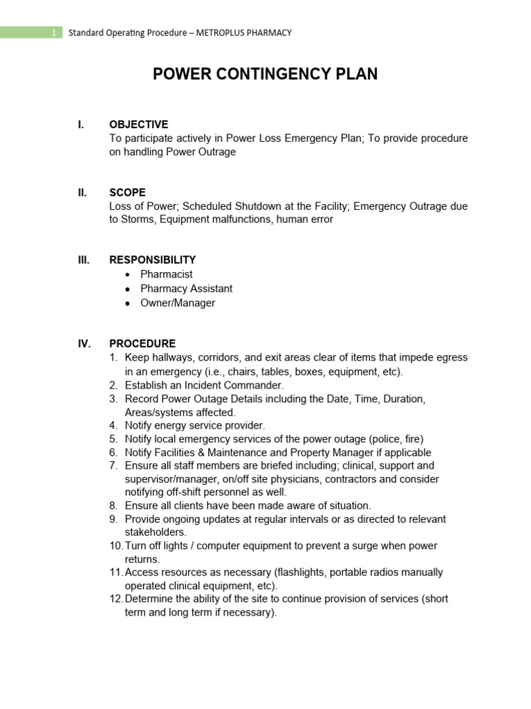 SOP Power Contingency Plan | PDF | Pharmacy