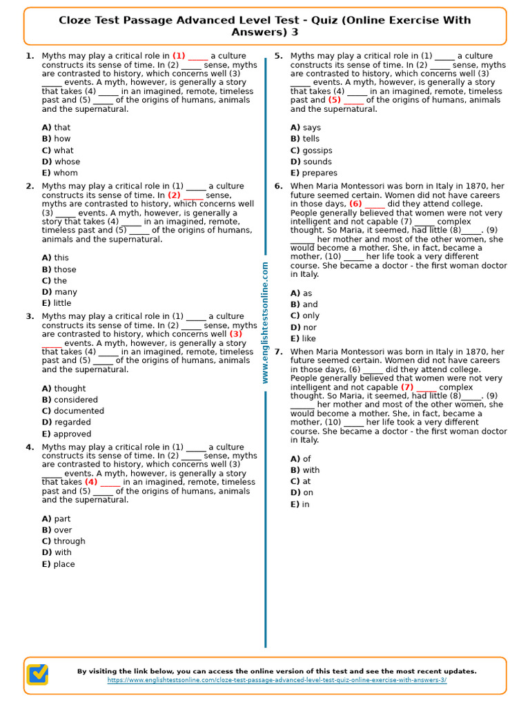 367 - Cloze Test Passage Advanced Level Test Quiz Online Exercise With ...