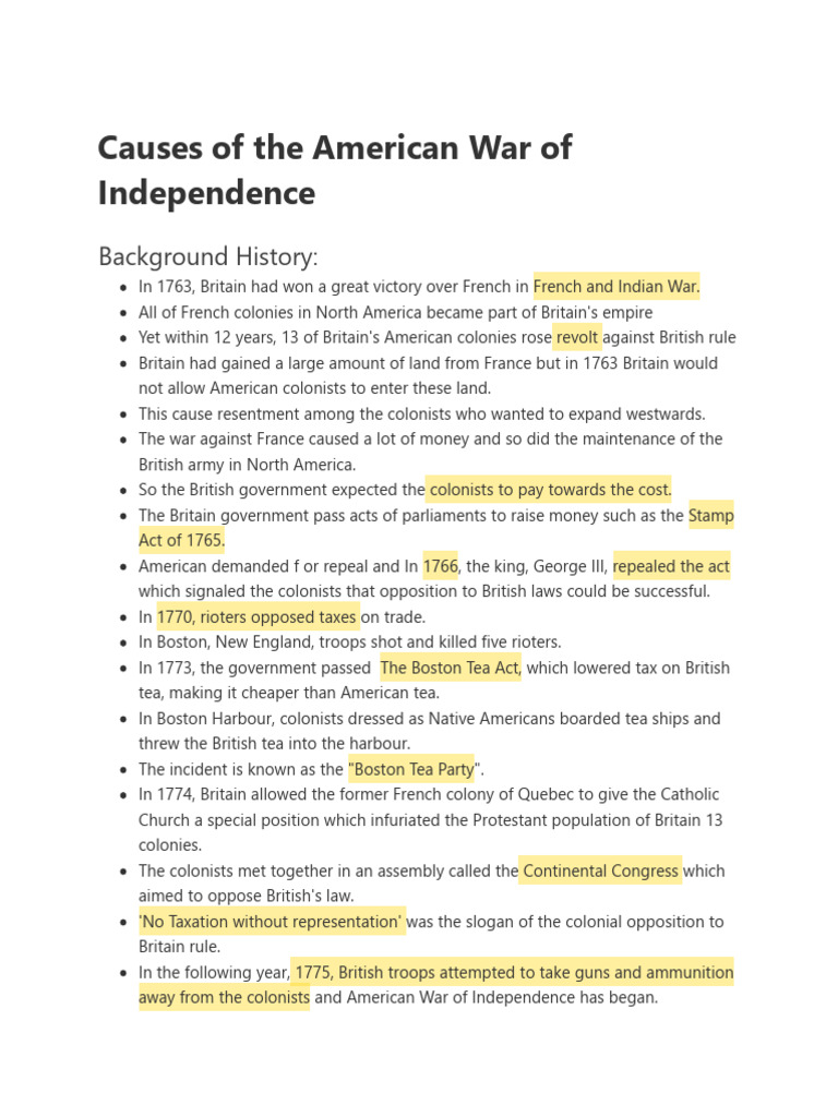 Causes of The American War of Independence | PDF | Kingdom Of Great ...