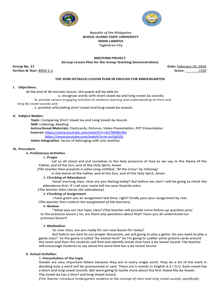 Kindergarten Lesson Plan: Vowel Aa Sounds | PDF | Vowel | Lesson Plan