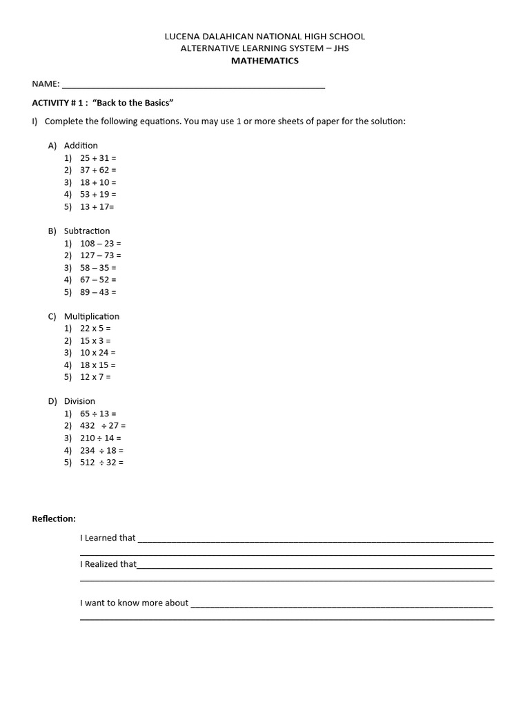 ALS Activities Maths | PDF | Equations | Elementary Mathematics