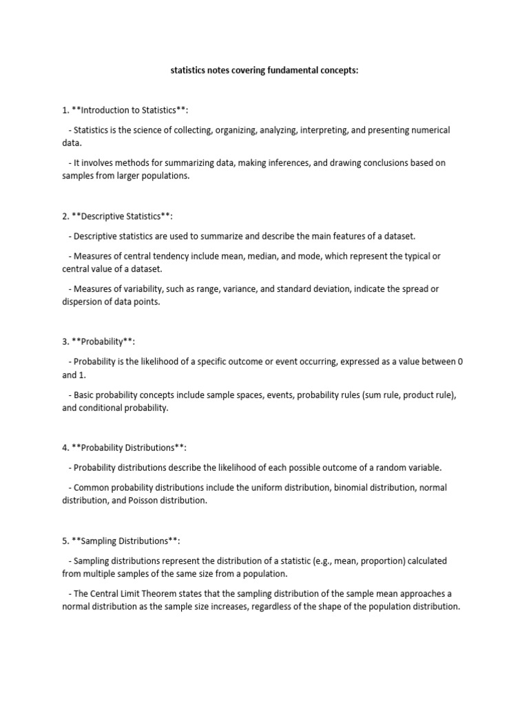 Statistics Notes Covering Fundamental Concepts | PDF | Statistics ...