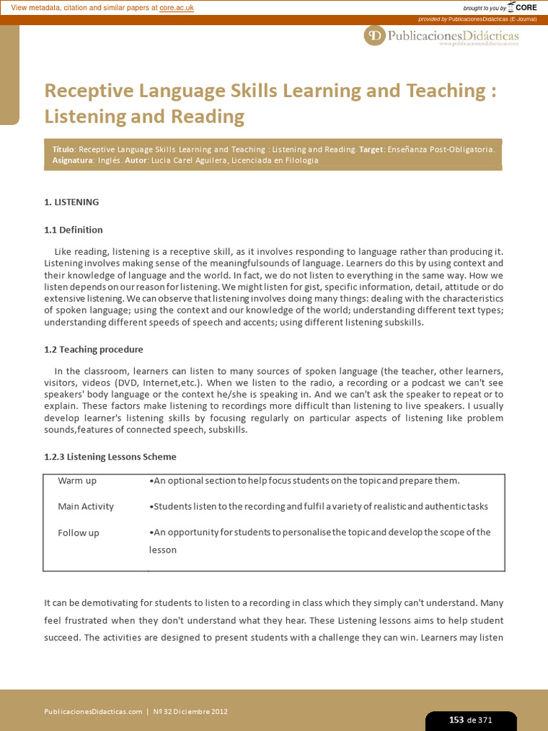 Receptive Language Skills Learning and Teaching: Listening and Reading ...
