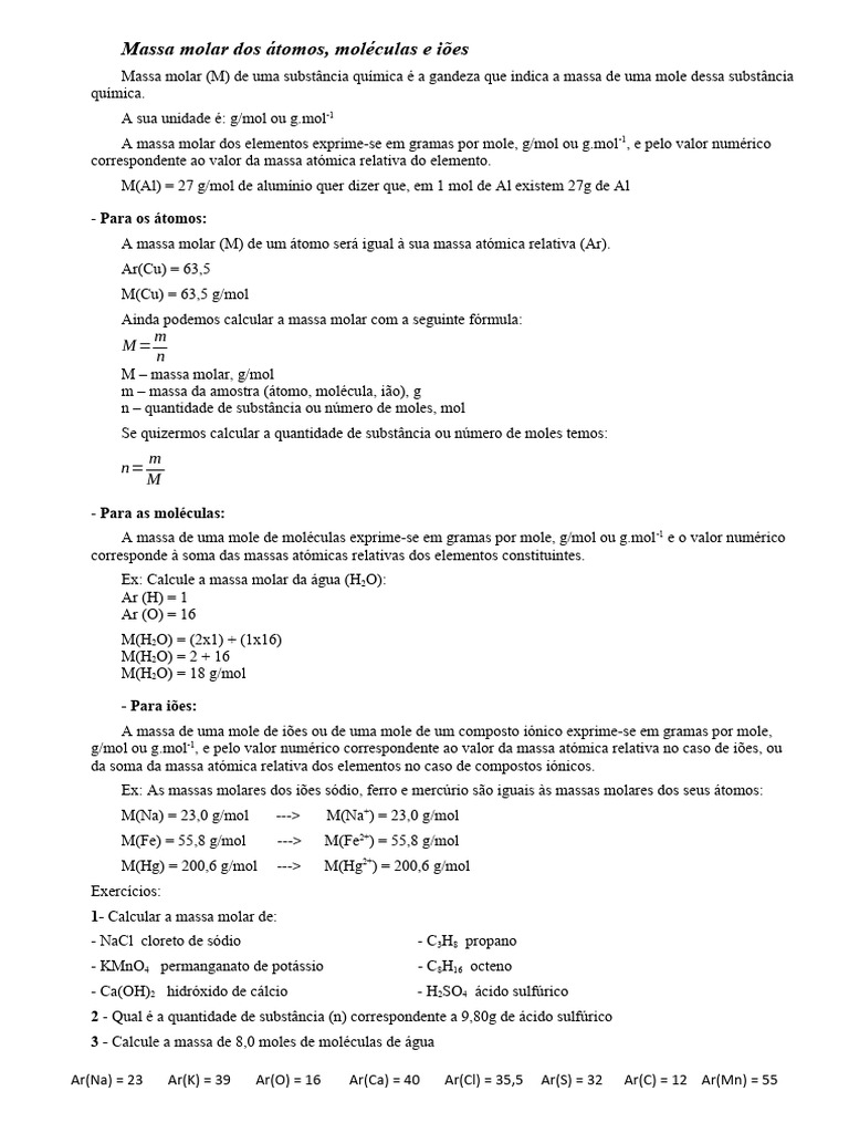 Massa Molar: Cálculos e Exemplos | PDF | Mol (unidade) | Átomos