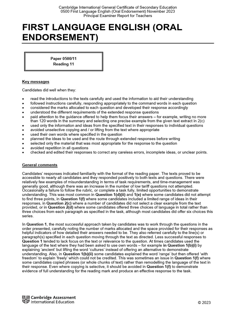 First Language English (Oral Endorsement) : Paper 0500/11 Reading 11 ...
