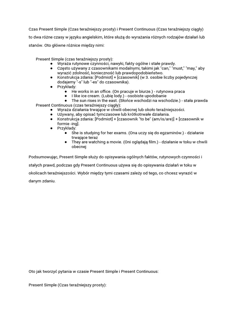 Czas Present Simple i Present Continuous | PDF