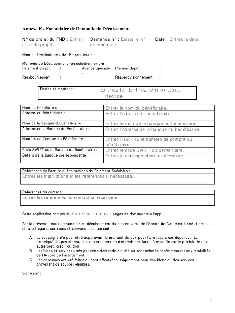 Annexe e - Formulaire de Demande de Decaissement | PDF | Banques | Prêts