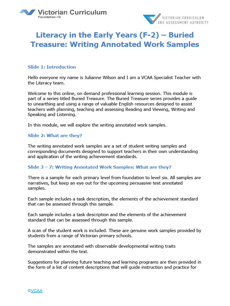 Literacy in The Early Years (F-2) - Buried Treasure: Writing Annotated ...