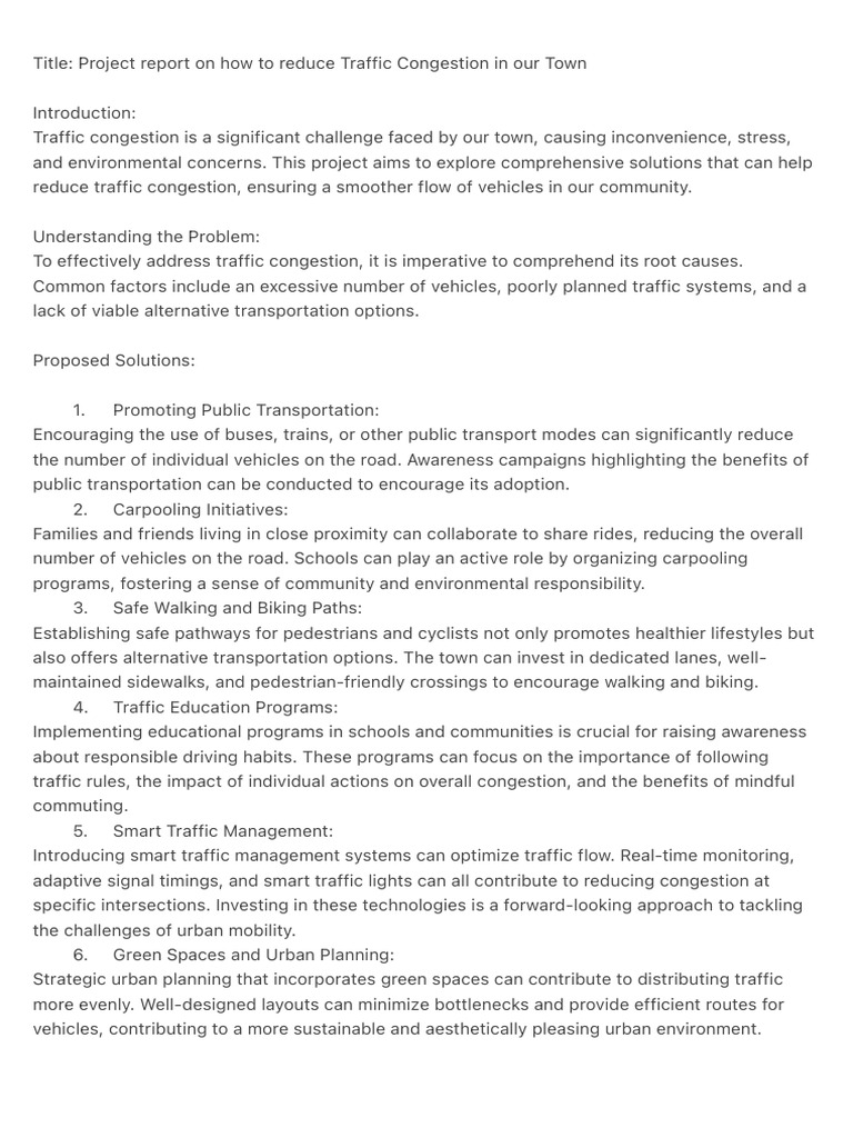 Title Project Report On How To Reduce Traffic Congestion in Our Town ...