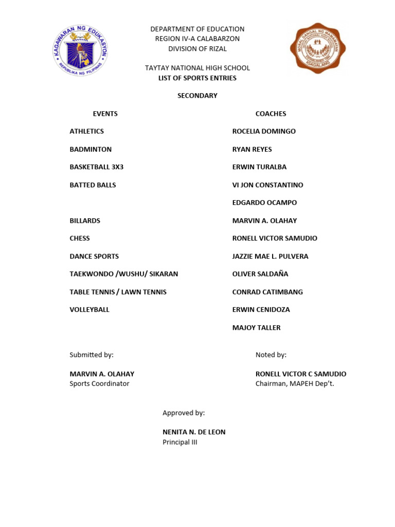 Taytay National High School Sports Entries | PDF