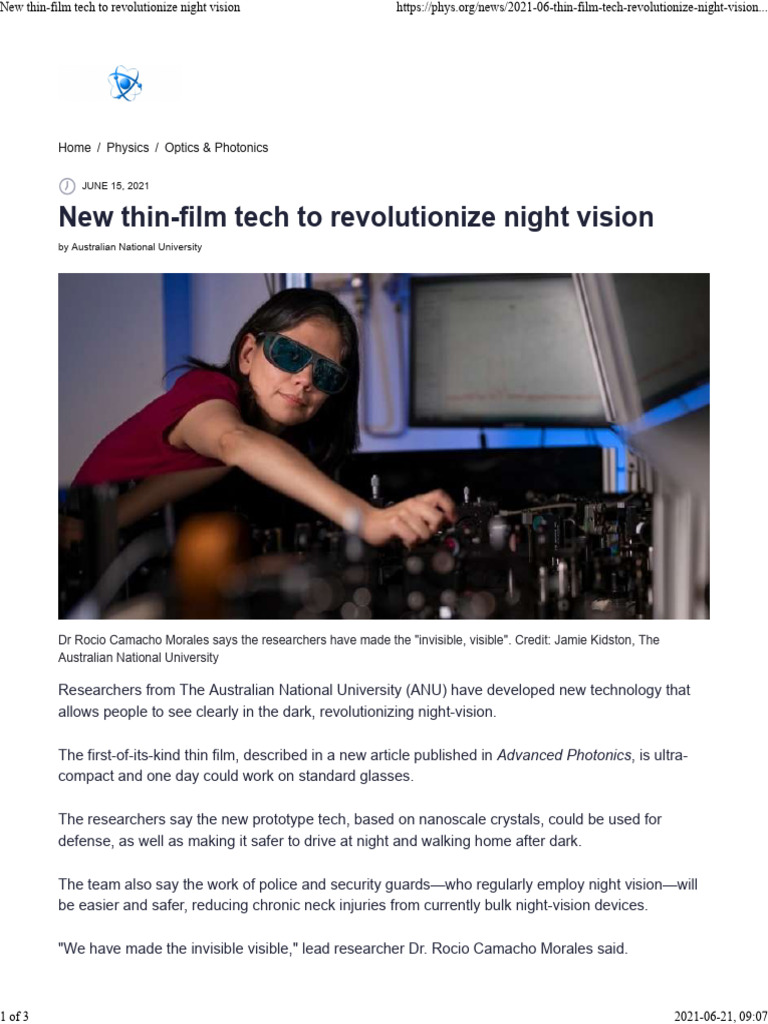 New Thin Film Tech To Revolutionize Night Vision | PDF | Photonics | Thin Film