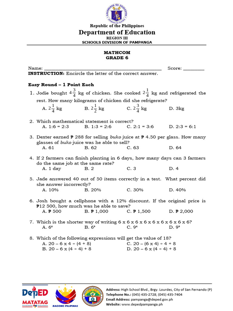 Mathcom Grade 6 Idm 2024 | PDF