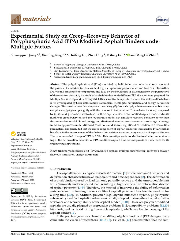 Experimental Study On Creep-Recovery Behavior of PPA Modified Aspahalt | Download Free PDF ...