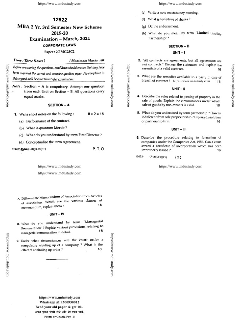 Mba 3 Sem Corporate Laws 12622 Mar 2021 | PDF