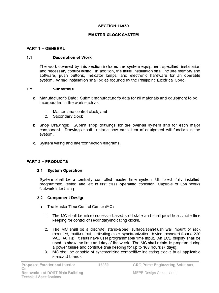 Section 16950 - Electrical System (Master Clock System) | PDF | Clock ...