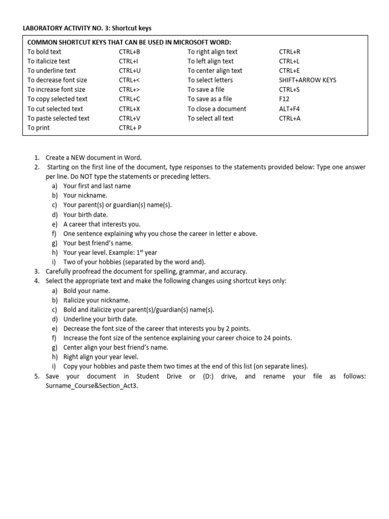 Prelim Lab Act No3 Shortcut Keys | PDF
