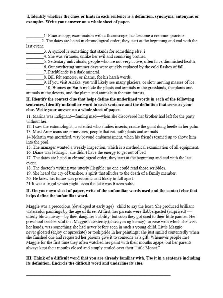 Context Clues and Definitions for Grade 8 | PDF | Language Arts ...