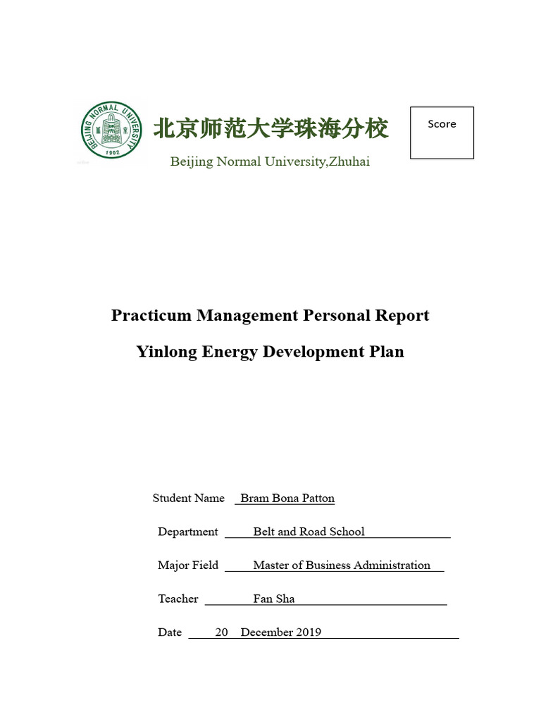 Practicum Management Personal Report - Yinlong Energy | PDF | Electric ...
